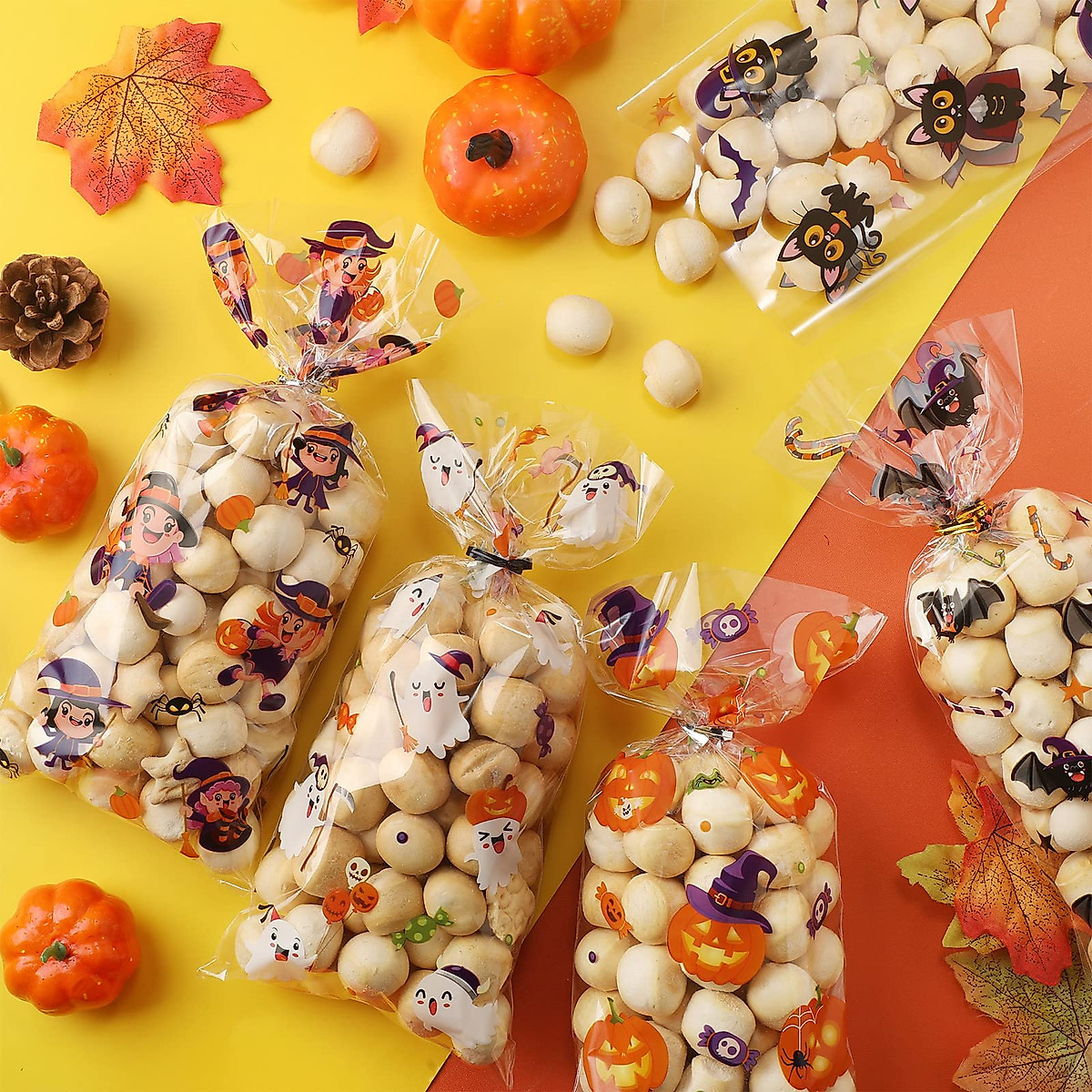 Pajean 200Pieces Halloween Cellophane Candy Bags Bulk Trick or Treat Plastic Candy Cello Bags with Twist Ties Halloween Theme Party Supplies for Goodie Treat Bags Kids Birthday Party Favor Candy Warp