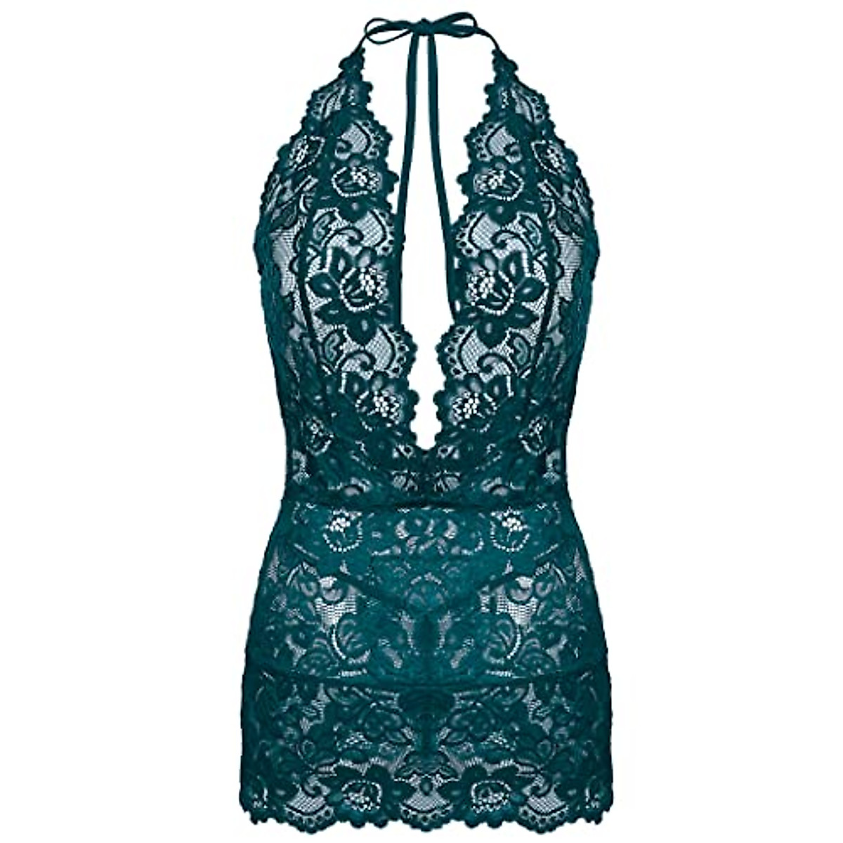 Gladiolus Womens Lingerie Lace Babydoll Sexy Deep V Halter One Piece Lingerie Dress Blue M
