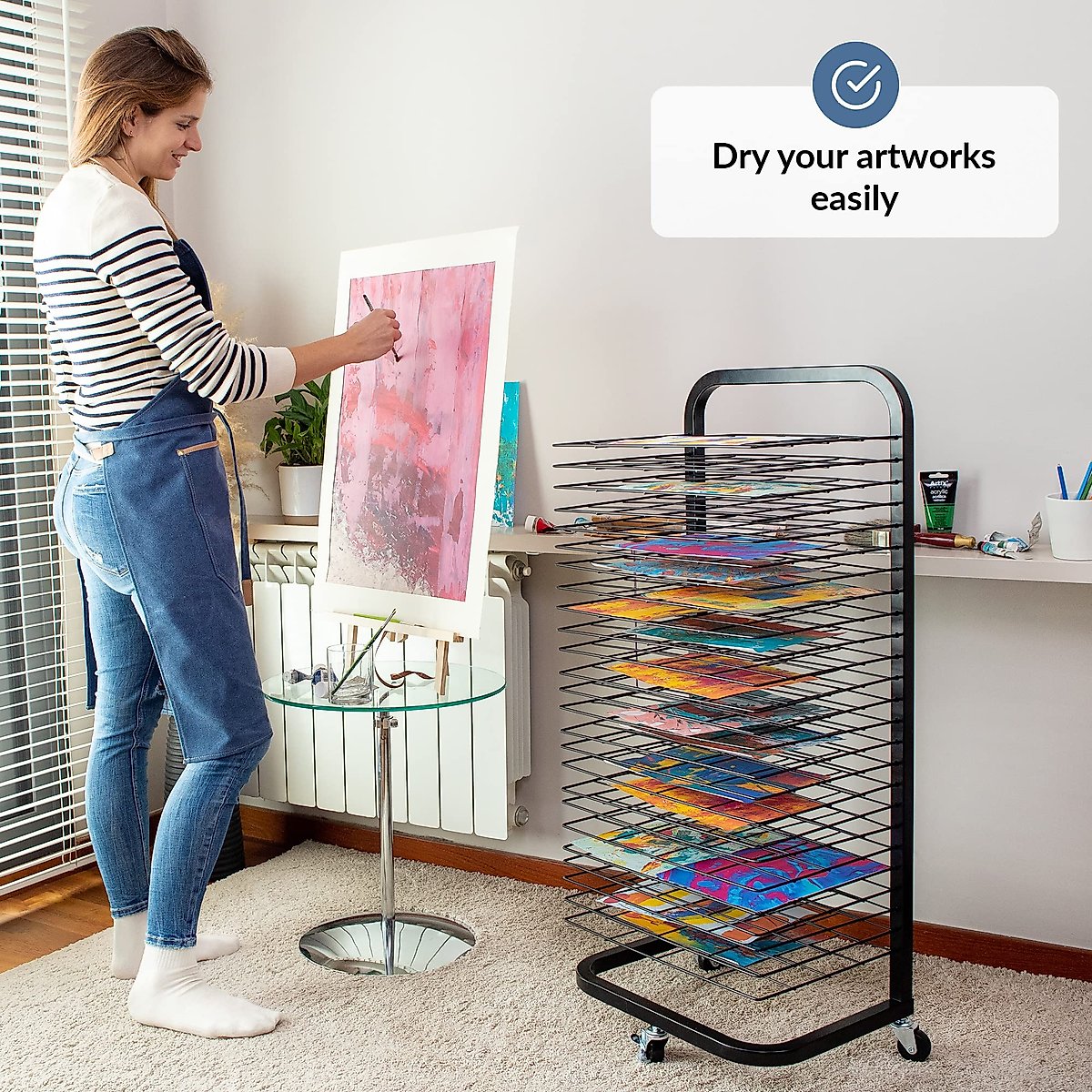 Art Drying Rack For Classroom | Functional & Mobile Paint Drying Rack | 25 Removable Shelves | Canvas Rack Art Storage | Painting Drying Rack With Wheels | Stack Rack For Painting, Drawings, And More