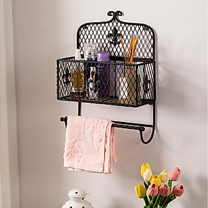 Wire Basket with Paper Towel Holder, Toilet Paper Towel Holder Wall Mount, Shelf with Paper Towel Rack, Metal Paper Towel Holder and Multi-Purpose Basket for Kitchen Bathroom Bar, Matte Black
