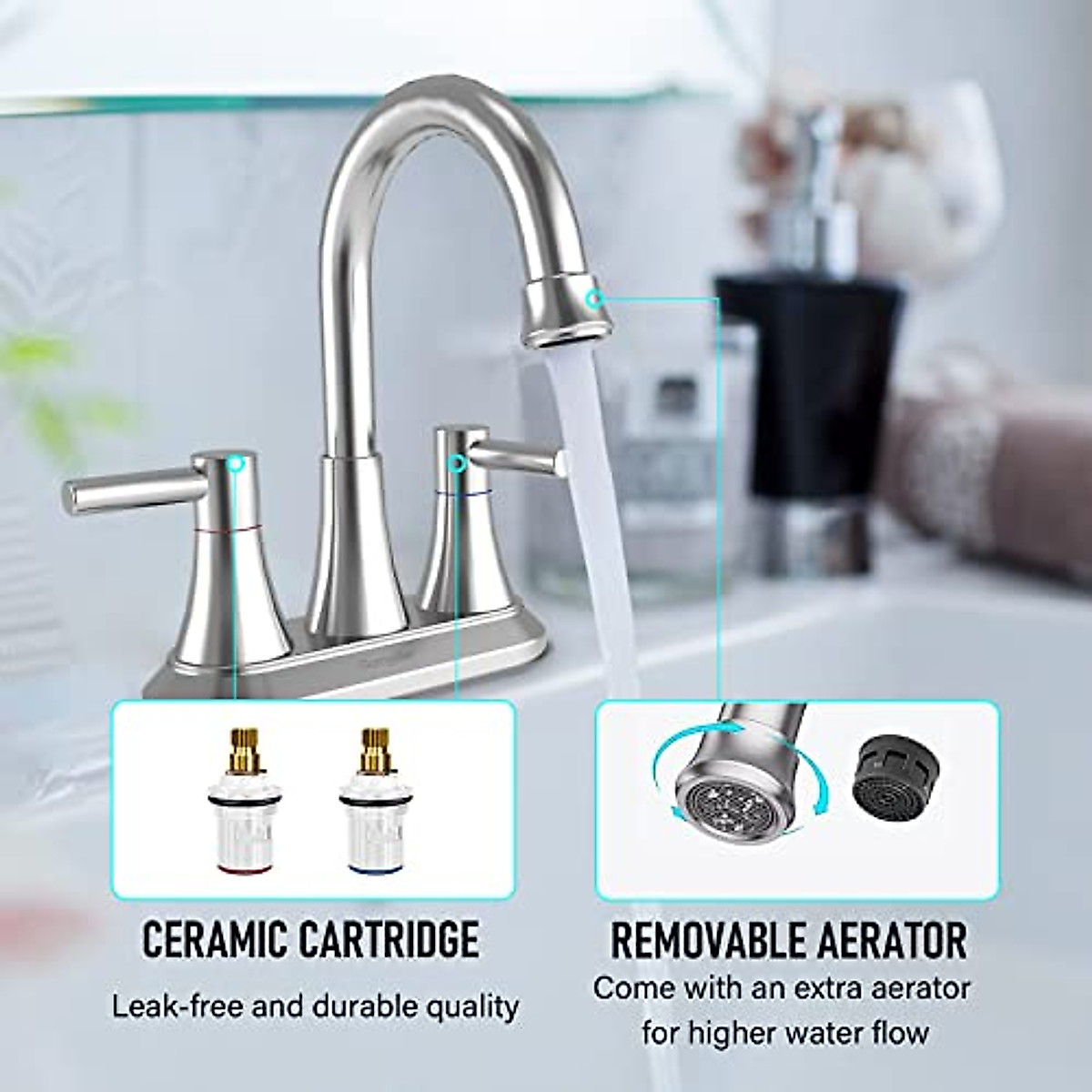Bathroom Faucets for Sink, Gomylifer Bathroom Sink Faucet 2 Handle，4 Inch Centerset Sink Faucet with Pop Up Drain and Supply Hoses,Stainless Steel 360 Swivel Spout, Lead-Free, Brushed Nickel