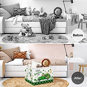 Clastyle St. Patrick's Day Four-leaf Clover Gift Basket Green Balloon Gnome Truck Kid Shelf Basket Rectangle Buffalo Plaid Clothes Book Toy Toy Storage Cube, 36L