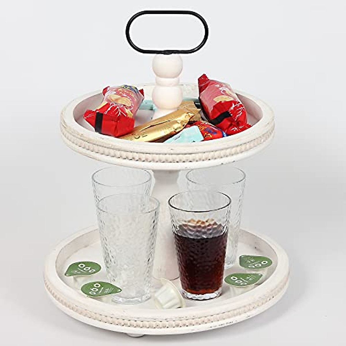 Carah&Cossh Distressed White Wood Two-Tier Tray with Metal Handle, Two Tier Stand with Beads，Farmhouse 2 Tier Serving Tray for Coffee Bar, Kitchen Counter, Dining Room Table(White)
