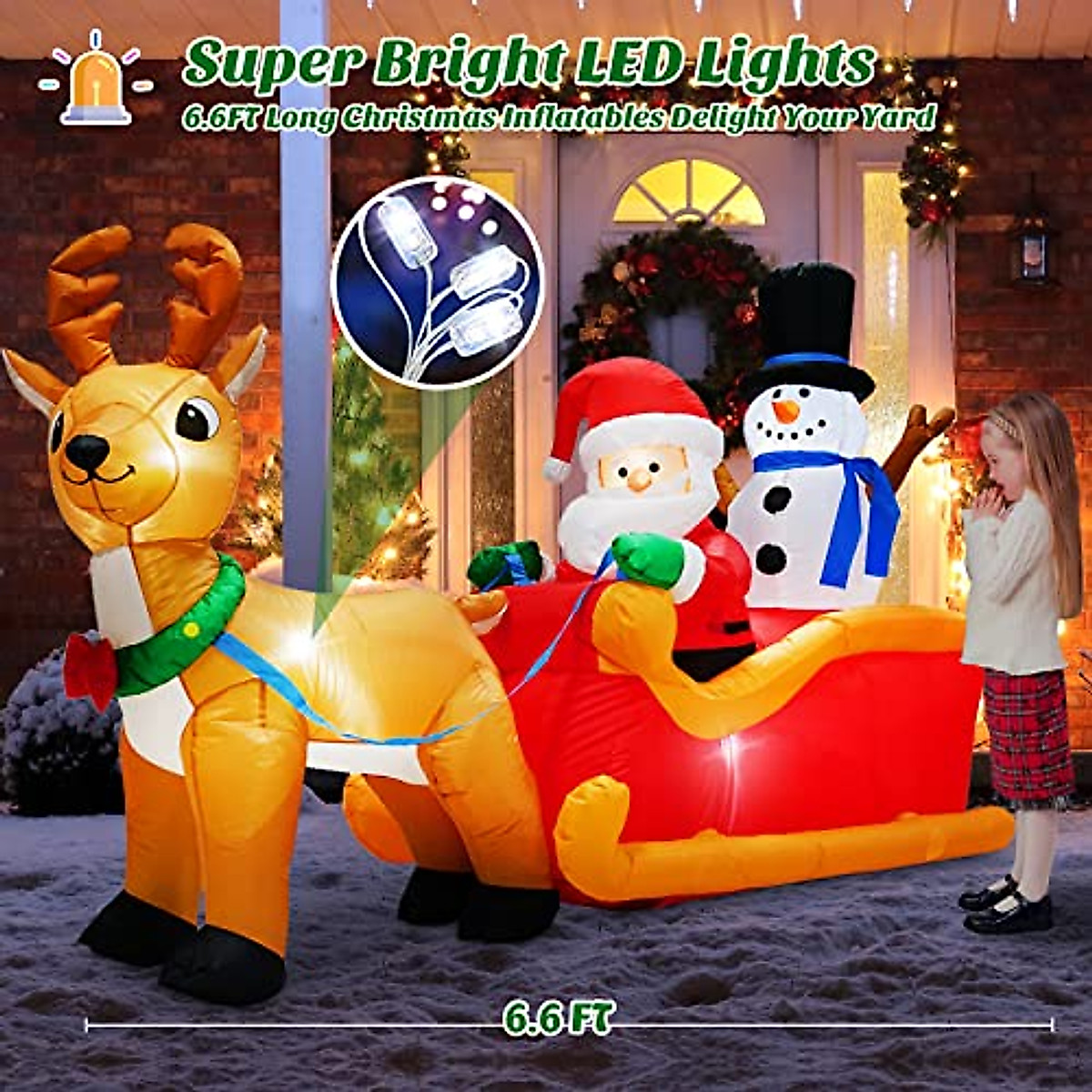 6.6FT Long Christmas Inflatables Santa Claus on Sleigh with Snowman and Reindeer Outdoor Decorations, Giant Blow Up Yard Décor Build in LEDs & Tethers Stakes for Holiday Xmas Indoor Patio Lawn