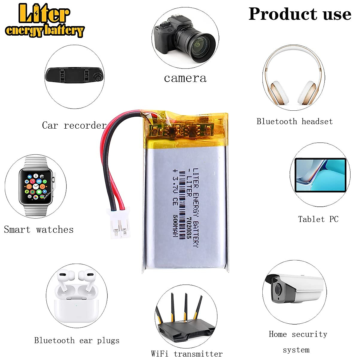 Liter Energy Battery 3.7V Lipo Battery 500mAh Rechargeable Lithium ion Polymer Battery 702035 Lithium Polymer ion Battery with JST Connector