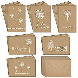 36 Pack Blank Sympathy Cards with Envelopes, Bulk Kraft Paper Condolence Cards with Envelopes for Bereavement, Thinking of You, White Dandelion Design, Blank Inside (4x6 In)