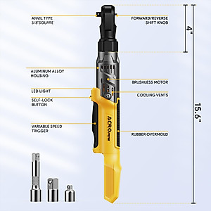 ACROPOW 3/8" Cordless Ratchet Wrench, Compatible with DEWALT 20V MAX Battery, 74Ft-Lbs Brushless Motor Electric Ratchet with Variable Speed, 1/2" & 1/4" Adapters, 3" Extension Bar (Tool Only)