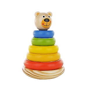 Adorable Bear Wooden Ring Colorful Rainbow Stacker - Solid Wood Educational Baby Toy for Toddler Boys and Girls Age 6-12 Months, 1 Year and Up - Developmental Sorting and Stacking Toy (Bear)