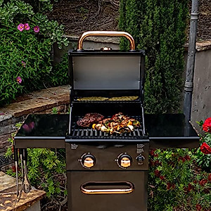 Permasteel 2-Burner Gas Grill, Foldable Side Tables, Grilling Tool Hooks, Propane Gas Barbecue Grill, Black with Copper Accent