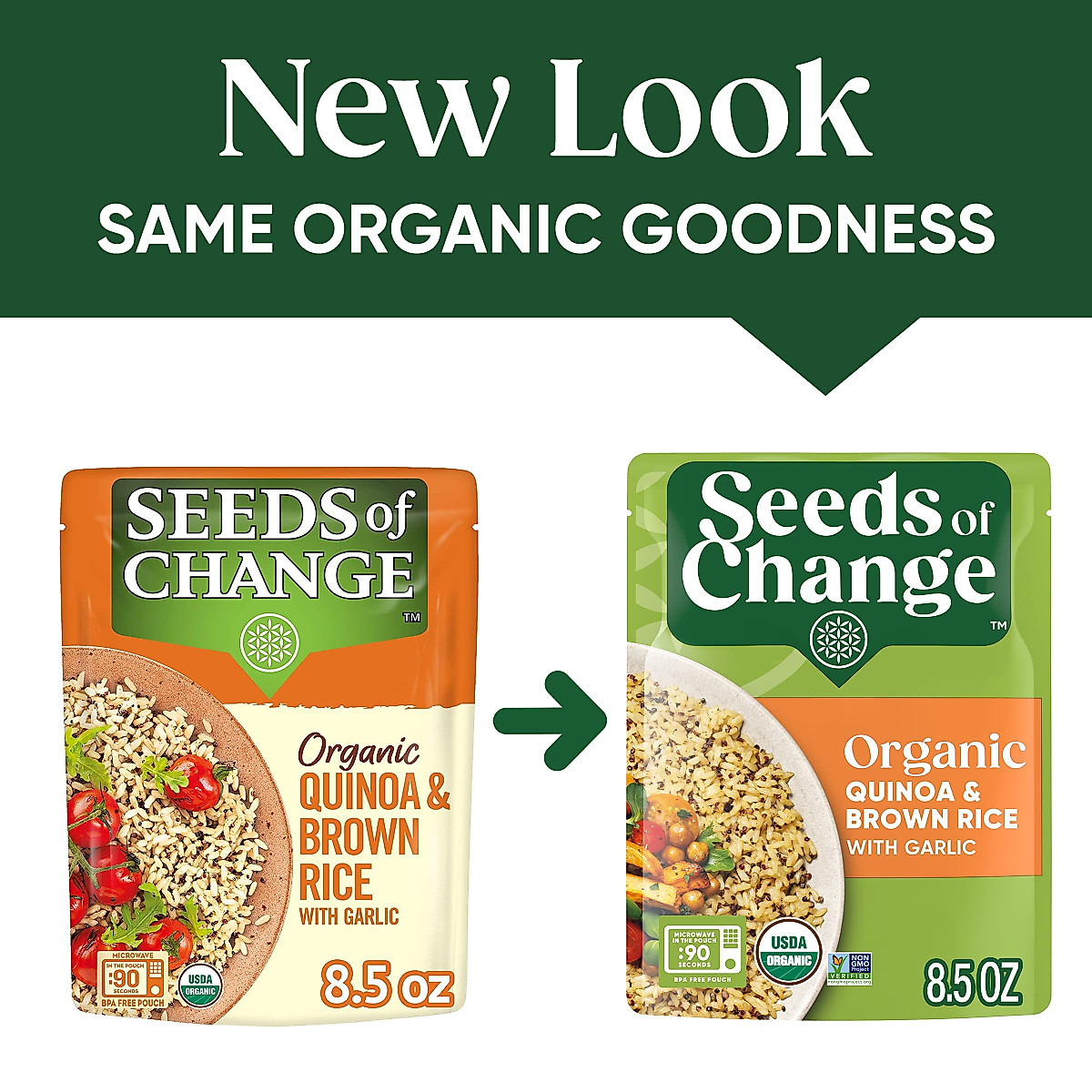 SEEDS OF CHANGE Organic Quinoa & Brown Rice with Garlic, Microwaveable Ready to Heat, 8.5 Ounce (Pack of 12)