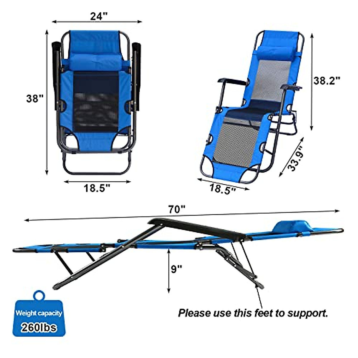 BIGTREE Adjustable Camping Folding Cot Chaise Lounge Chair w/Pillow Breathable Mesh Lounger Reclining Chair,Portable Patio Zero Gravity Chair for Garden Outdoor Camping Pool Lawn