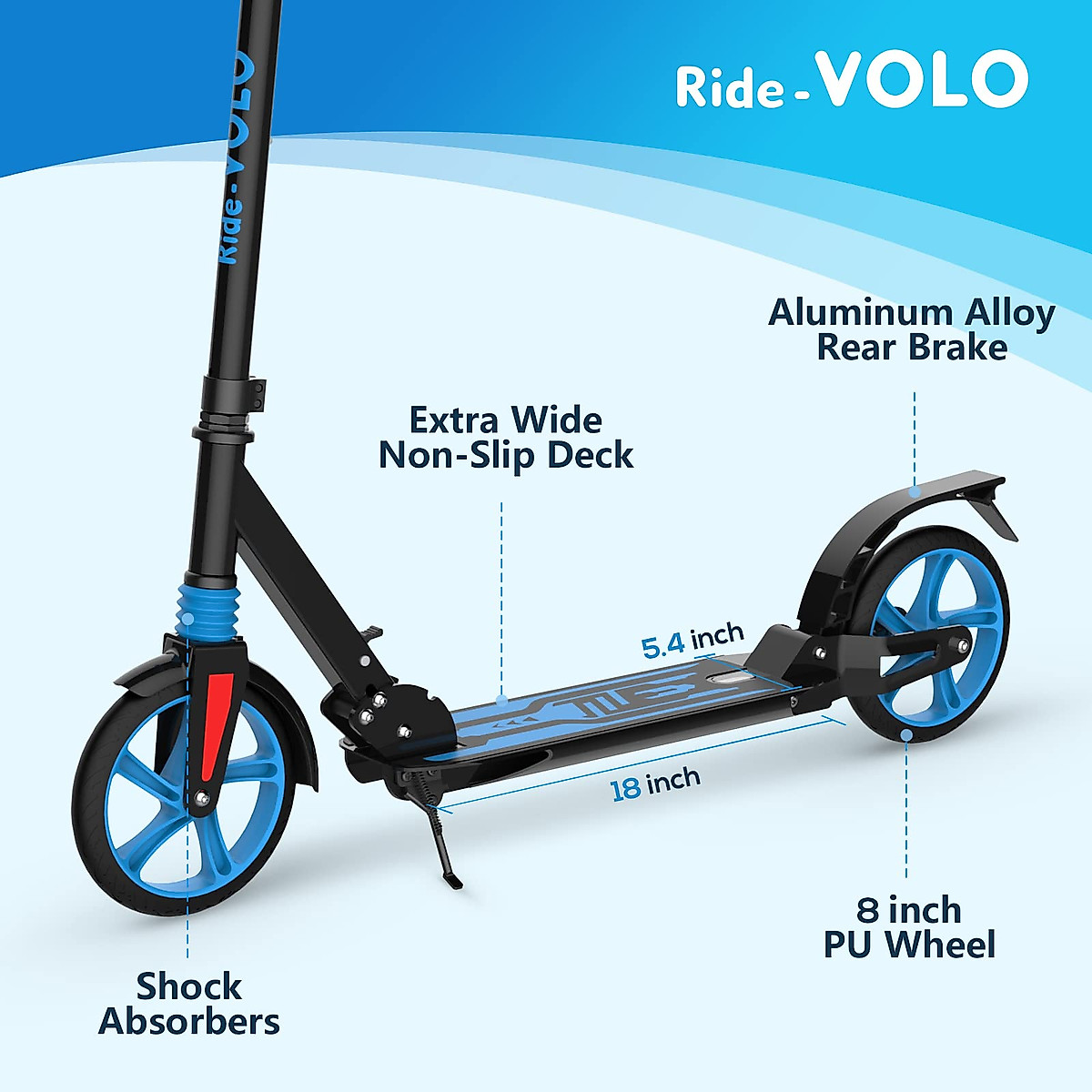 RideVOLO K08-1 Kick Scooter for Teenager 8 Years and up with 8” Wheels and 3 Adjustable Height, Folding System and Suspension System(Blue)