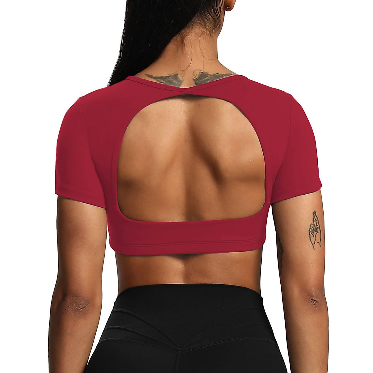 Aoxjox Short Sleeve Crop Tops for Women Clarissa Hollow Back Workout Cropped T Shirt Top (Rumba Red, Small)