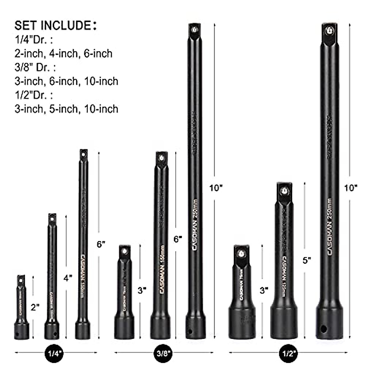 CASOMAN 9 Pieces Extension Bar Set, 1/4", 3/8" and 1/2" Drive Socket Extension, Premium Chrome Vanadium Steel with Black Phosphate Finish