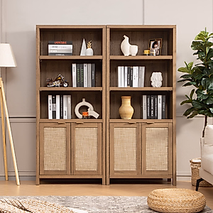 SICOTAS Bookcase 71" Tall Bookshelf 5 Tier Rattan Boho Bookcase with Doors Storage Large Book Case Shelf Farmhouse Bookshelves Library Book Shelves for Living Room Bedroom Home Office Kitchen