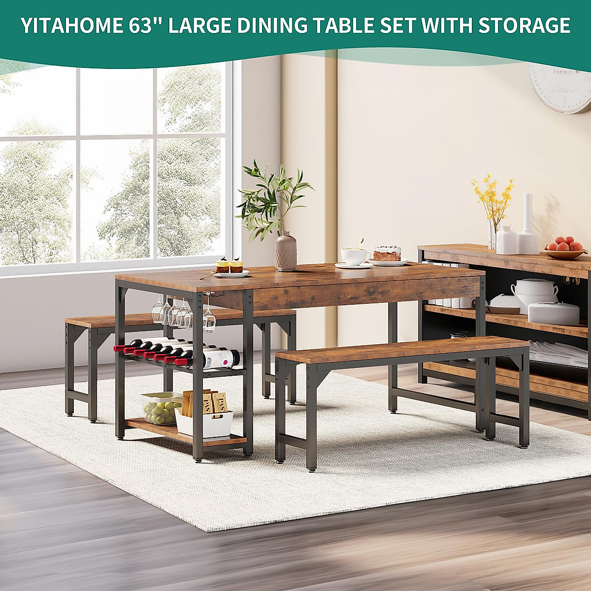 YITAHOME 63" 3 Piece Kitchen Dining Table Set for 4 with Bench & Storage, Farmhouse Rectangle Dining Room Dinner Table with Wine & Glass Holder for Space Saving, Rustic Brown