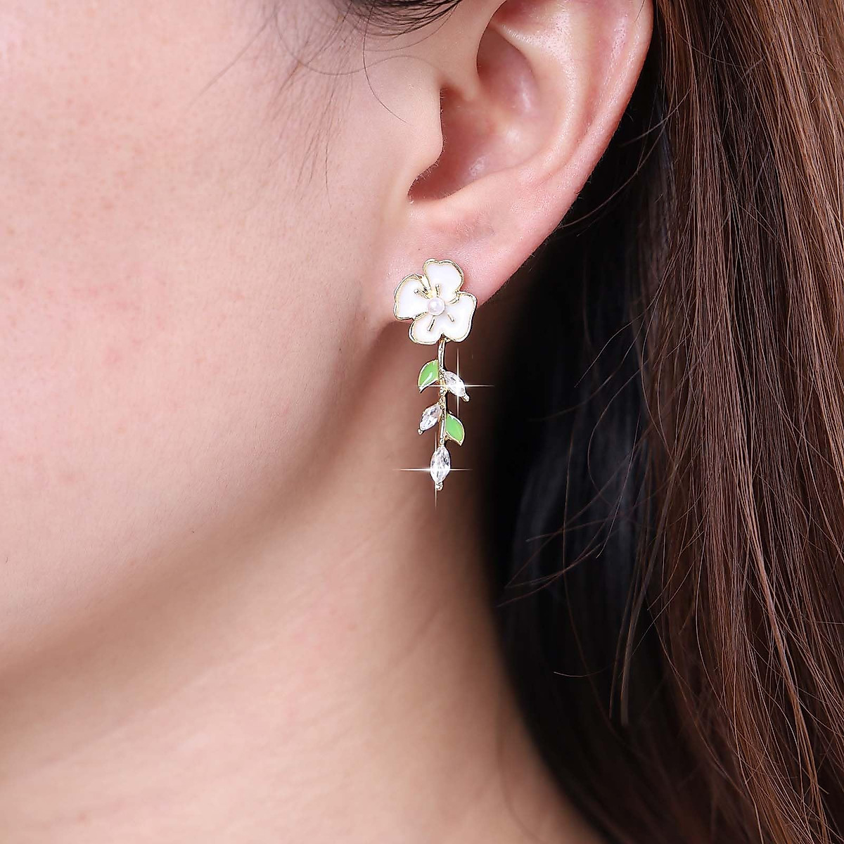 Sttiafay Vintage Pearl Flower Earrings Crystal Leaf Drop Earrings Gold Pearl Stud Earrings White Enamel Flower Earrings Jewelry for Women and Girls