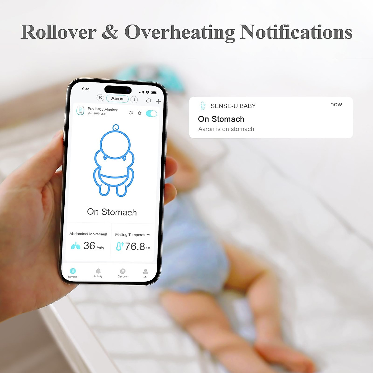 Sense-U Pro Baby Movement Monitor with Arousal Vibration, Movement/Rollover/Overheating Alerts, Audible & App Notifications, Easy Clip-On Design, Smart Sleep Monitor, FSA/HSA Eligible