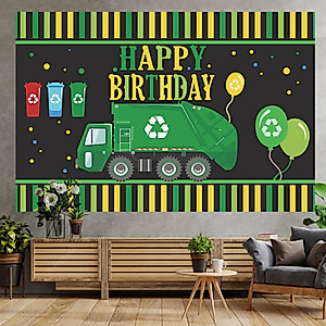 Garbage Truck Trash Trucks Happy Birthday Banner BackdropWaste Management Recycling Bin Theme Decor Decorations for 1st Birthday Party Baby Shower Supplies Favors Background Photo Booth Props Flag