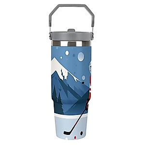 WITHSBKK 30oz Car Cup Ice Hockey Player Printed with Portable, Stainless Steel Travel Mug, Vacuum Insulated Tumbler And Straw, Leakproof for Car & Outdoor, UV Printed Design