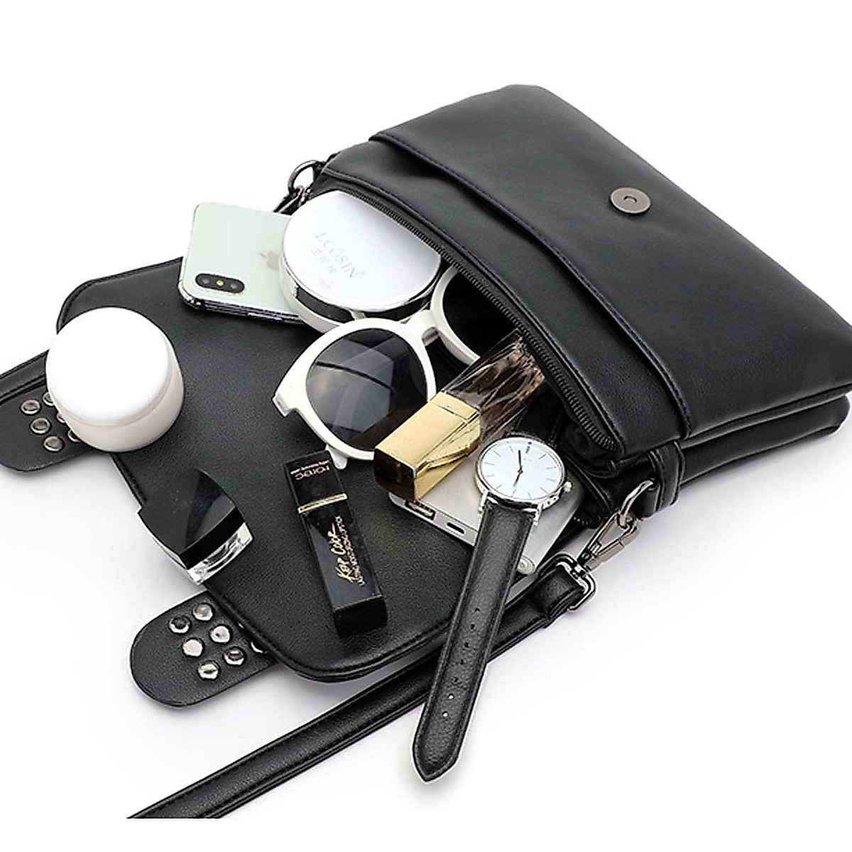 Gothic Shoulder Bag Steampunk Shoulder Messenger Bag Rivet Skull Shoulder Bag Harajuku Shoulder Bag (black)