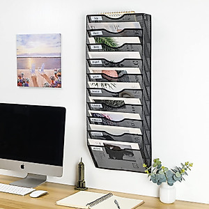 PAG Hanging Wall File Holder Organizer Mail Sorter Literature Rack for Office, 10 Pockets, Black