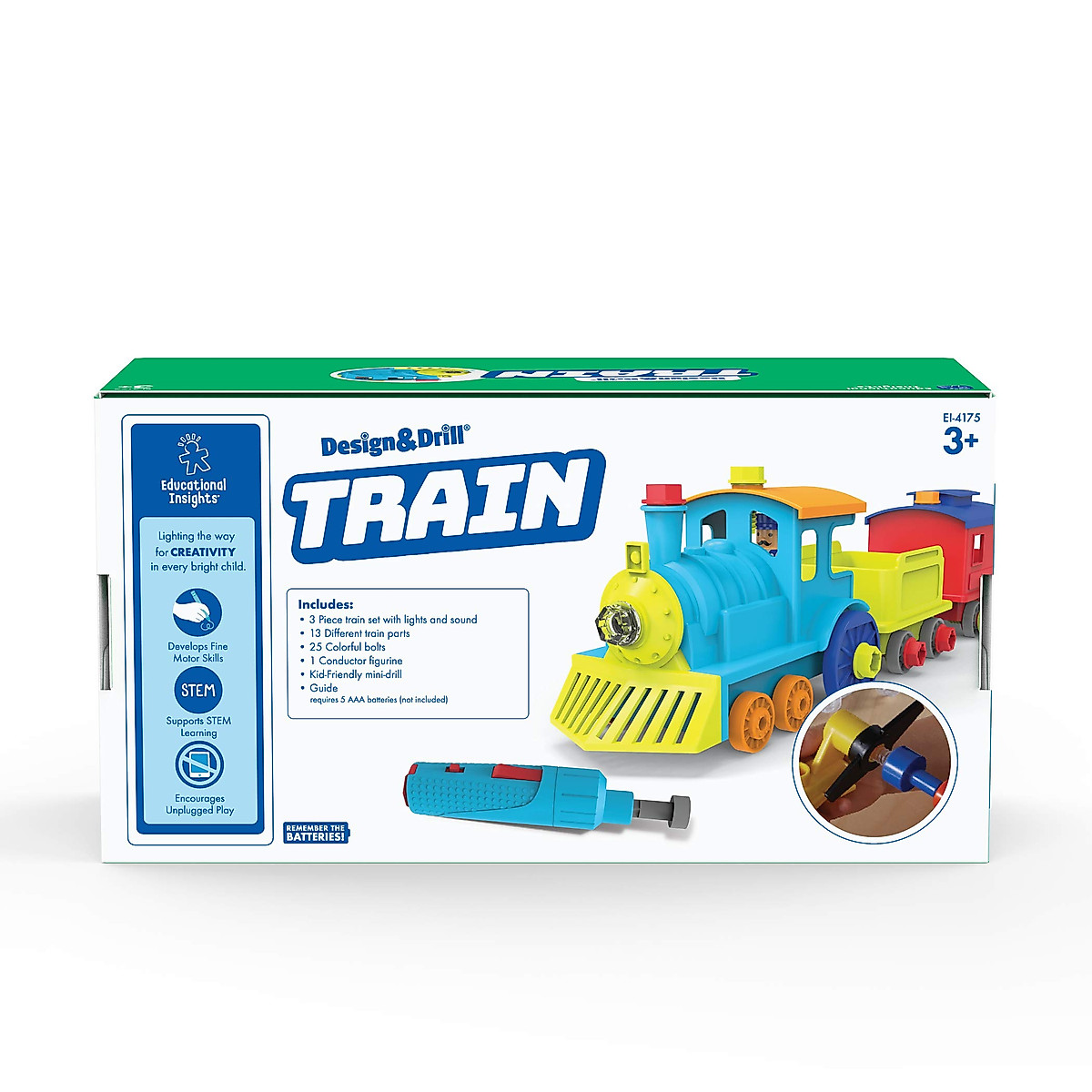Educational Insights Design & Drill All Aboard Train, 30 Piece Take Apart Toy with Electric Drill Toy, STEM Toy, Gift for Boys & Girls, Ages 3+