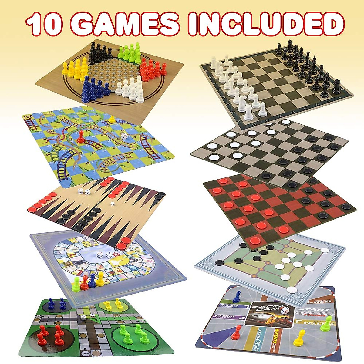 Gamie 10 Board Games Set, Classic Family Games for Kids and Adults, Includes 5 Double Sided Playing Boards with Backgammon, Chinese Checkers, Snakes and Ladders, Sorry, Draught, Racing, Chess and More