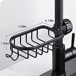 CZMIYRPY Sponge Holder for Kitchen Thin Faucet Laundry Sink Holder Adjustable Detachable Faucet Rack, Black Aluminum Faucet Rack for Soap, Shampoo, Shower Caddy Shelf