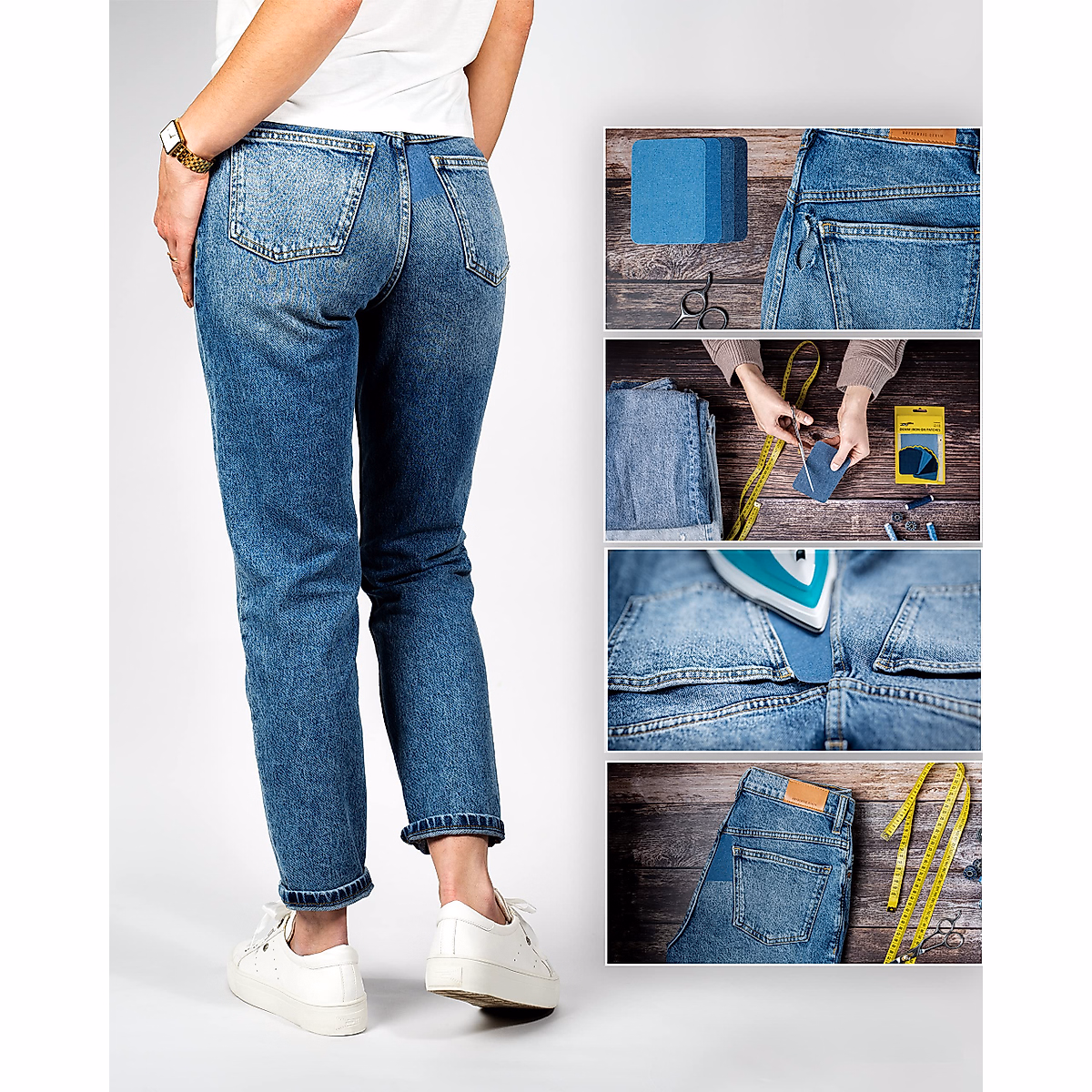 ZEFFFKA Premium Quality Denim Iron-on Jean Patches Inside & Outside Strongest Glue 100% Cotton Assorted Shades of Blue Repair Decorating Kit 12 Pieces Size 3" by 4-1/4" (7.5 cm x 10.5 cm)