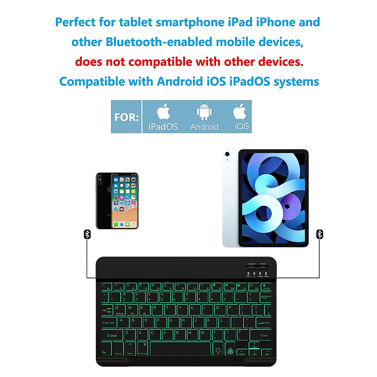 Backlit Bluetooth Keyboard Small Portable External Wireless Keyboard Cordless Rechargeable Illuminated for Android Tablet Cell Phone Smartphone iPad Pro Air Mini iPhone Windows Surface (Black)