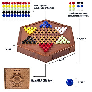 AMEROUS 12.5 inches Wooden Chinese Checkers Set with Storage Drawer - 60 Acrylic Marbles in 6 Colors - 12 Bonus Spare Marbles, Classic Strategy Family Board Game for Kids and Adults
