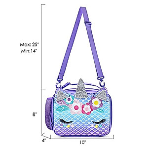 mibasies Kids Unicorn Backpack for Girls Rainbow School Bag with Lunch Box((Mermaid Purple)
