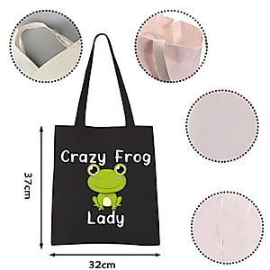VAMSII Frog Tote Bag Crazy Frog Lady Shoulder Bag Frog Lover Gifts for Women Funny Frog Gifts Shopping Bag(BLK-Frog Lady tote)