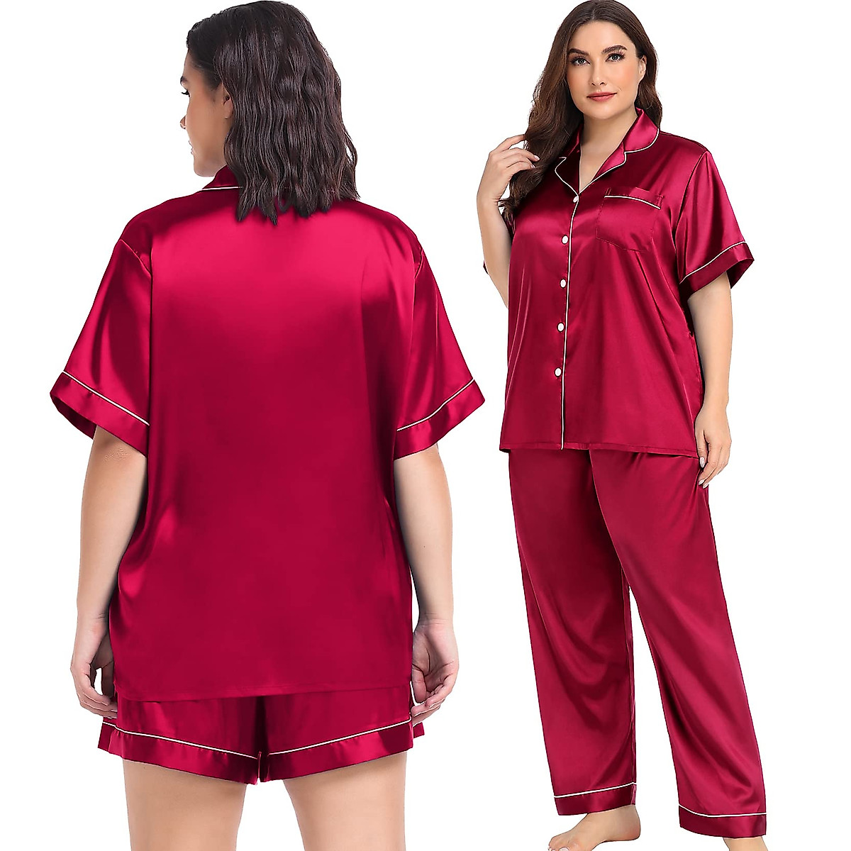 SWOMOG Womens Silk Satin Pajamas Set 3pcs Summer Pj Sets Plus Size Loungewear Button-Down Loose Rose Pink Sleepwear 18W