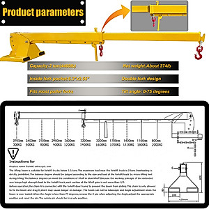 HQHAOTWU Forklift Jib Boom Crane Industrial Forklift Telescoping Jib Boom 4400lb Capacity Hoist Jib Boom Hook Double Fork Design Extend from 7 Up to 12ft Adjustable Crane Boom Mobile Crane Lifting