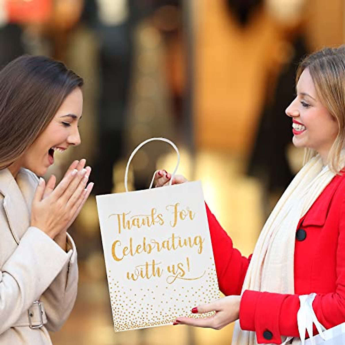 Queekay 80 Pcs Gold Wedding Welcome Bags for Hotel Guests Bulk Thanks for Celebrating with Us Paper Bags Gold Foil Kraft Paper Bags with Handles for Wedding, Baby Shower, Birthday (10 x 8 x 3 Inch)