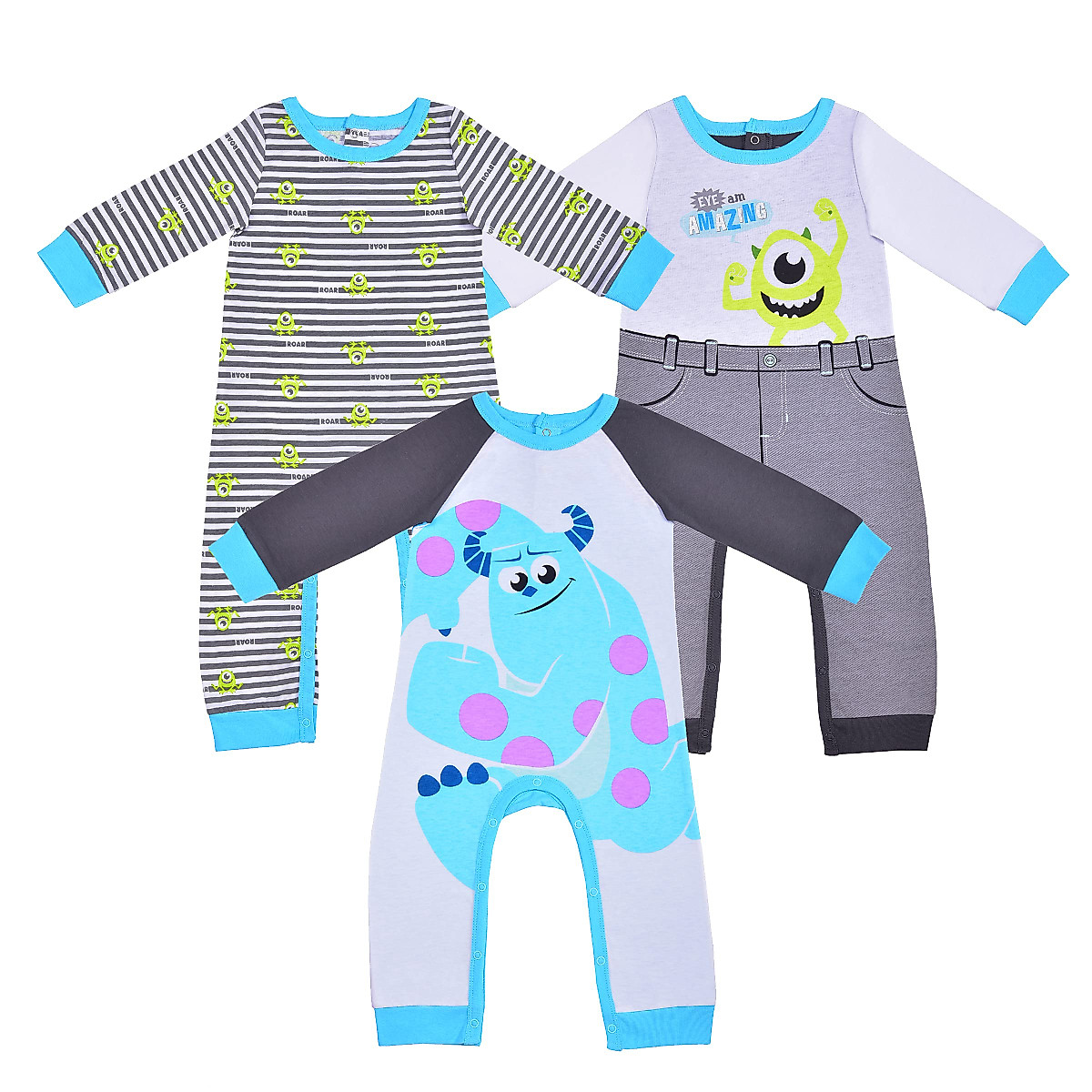 Disney Baby Monsters Inc Mike and Sully Coveralls, Blue, 6 Months (Pack of 3)