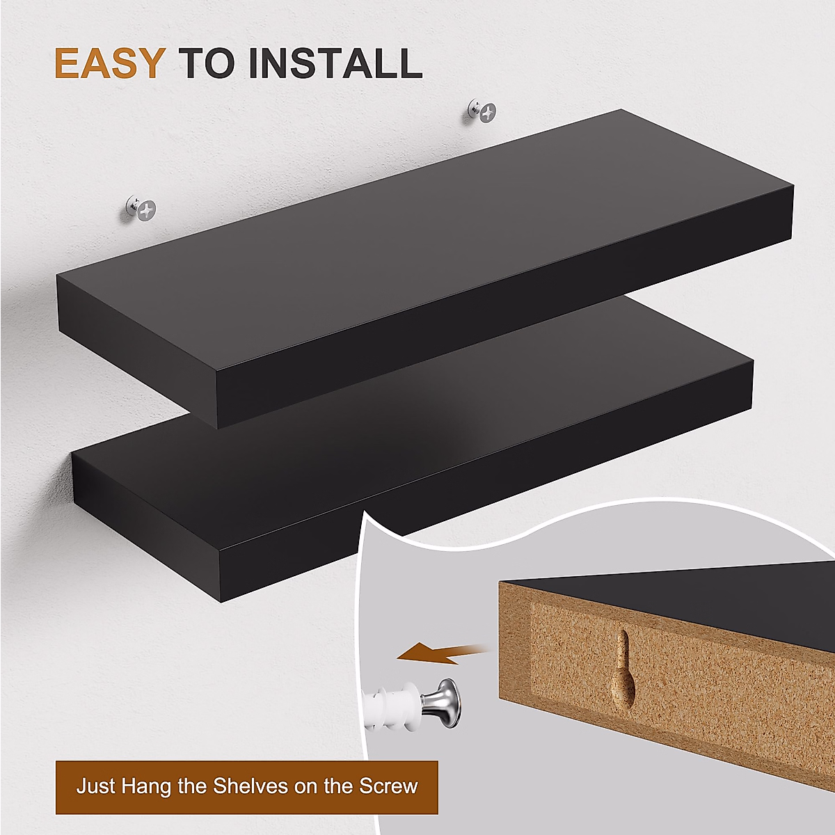 Bellsal Floating Shelves, Black Engineered Wood Wall Shelf Set of 2, 15" Wall Mounted Floating Shelf, Hanging Wooden Shelf Invisible with Brackets for Bedroom, Kitchen, Living Room, Bathroom Decor