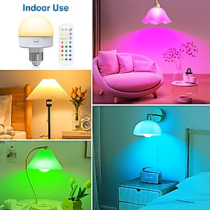Cadrim Rechargeable Light Bulb, Battery Operated Emergency Lamp with Remote LED Bulbs Detachable Charging Wall Sconce 3 Color, RGB, Timer, Dimmer, E26/E27, for Non-Hardwired, Power Outage, 1 Pack