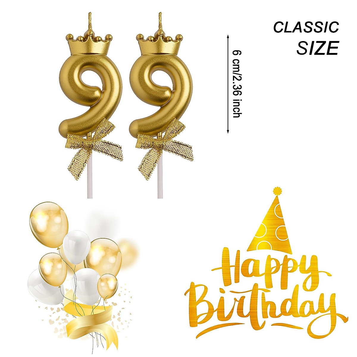 AOOLADA 99th Birthday Candles, Gold 99 Year Old Number Birthday Candles, Happy Birthday Cake Topper Gifts Party Decorations for Men Women