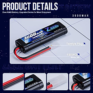 Zeee 7.2V NiMH Battery 3600mAh RC Battery High Power with Tamiya Connector for RC Car RC Truck Associated HPI Losi Kyosho Racing Hobby