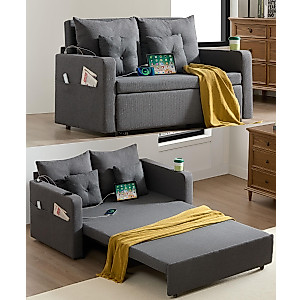 Krcix 3 in 1 Pull Out Couch, 56 Inch Convertible Sleeper Sofa Bed, Loveseat Sofa with Cup Holders, Storage Pockets, USB, Sofa Couches for Living Room, Bedroom, Apartment, Deep Grey