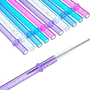 50 Pieces Reusable Drinking Straws Colorful Plastic Straws Clear Glitter Unbreakable Drinking Straws with Cleaning Brush for Home Party Supplies, 6 Colors (9 Inch)