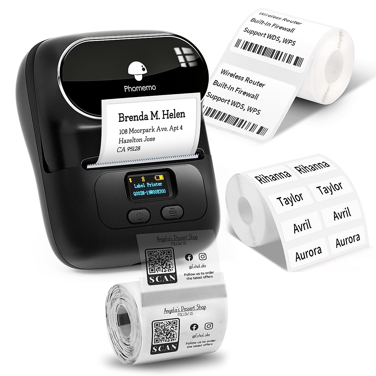 Phomemo M110 Label Printer - Bluetooth No Ink Printer, Mini Portable Barcode Label Printer for Retail, Address, Barcode, Home, for PC/Mac, iOS/Android, with 3pack Most Used Labels, Ebony Black