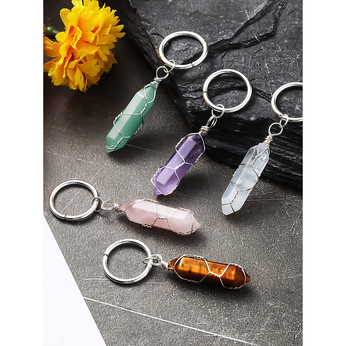 5 Pieces Crystals Stone Keychain Healing Stones Jewelry Hexagonal Crystal Keyring Quartz Pendants Keychain Quartz Crystal Healing Crystal for Women