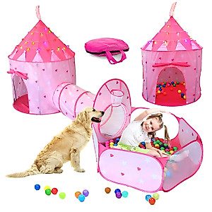 LimitlessFunN 4pc Princess Kids Pop Up Play Tent, Crawl Tunnel, Ball Pit | Includes Star Lights & Carrying Case |, Children Indoor Castle Playhouse for Girls, Toddlers, 47" D x 126" W x 53" H