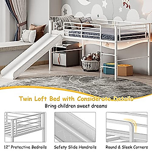 Giantex Twin Loft Bed with Slide, Metal Low Bunk Bed w/Safety Guardrails & Built-in Ladder, Toddler Bed Floor Frame for Boys & Girls, No Box Spring Needed (White)