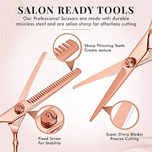 Hair Cutting Kit for Women - Barber Hair Cutting Scissors and Thinning Shears with Comb, Clips and Case by Lily England (Rose Gold)