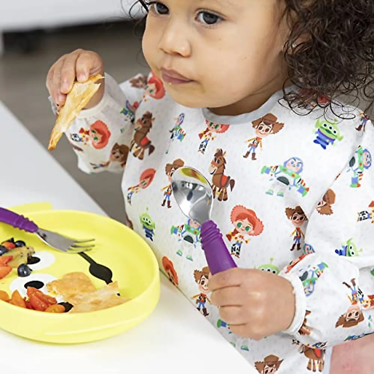 Bumkins Disney Sleeved Bib for Girl or Boy, Baby and Toddler for 6-24 Mos, Essential Must Have for Eating, Feeding, Baby Led Weaning Supplies, Long Sleeve Mess Saving Food Catcher, Toy Story